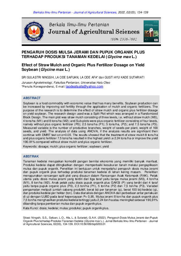 (PDF) PENGARUH DOSIS MULSA JERAMI DAN PUPUK ORGANIK PLUS TERHADAP PRODUKSI TANAMAN KEDELAI ...