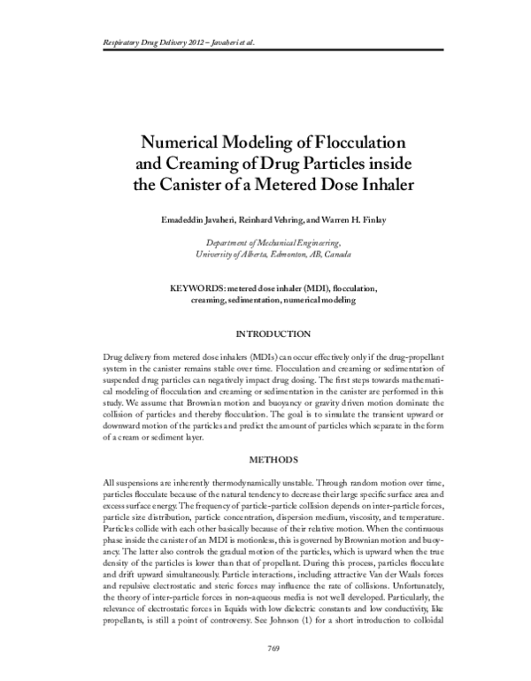 Numerical Modeling of Flocculation and Creaming of Drug Particles inside the Canister of a ...