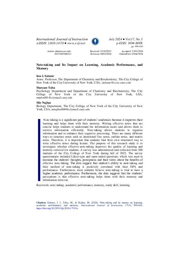 (PDF) Note-taking and Its Impact on Learning, Academic Performance, and ...