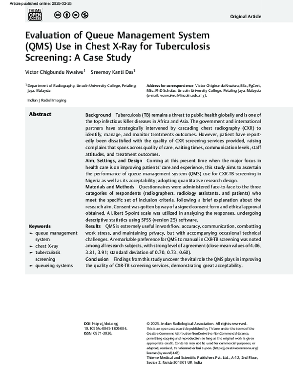 (PDF) Evaluation of Queue Management System (QMS) Use in Chest X-Ray for Tuberculosis Screening ...