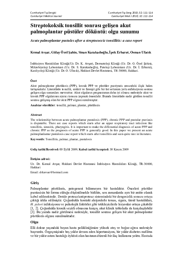 (PDF) Streptokoksik tonsillit sonrası gelişen akut palmoplantar ...