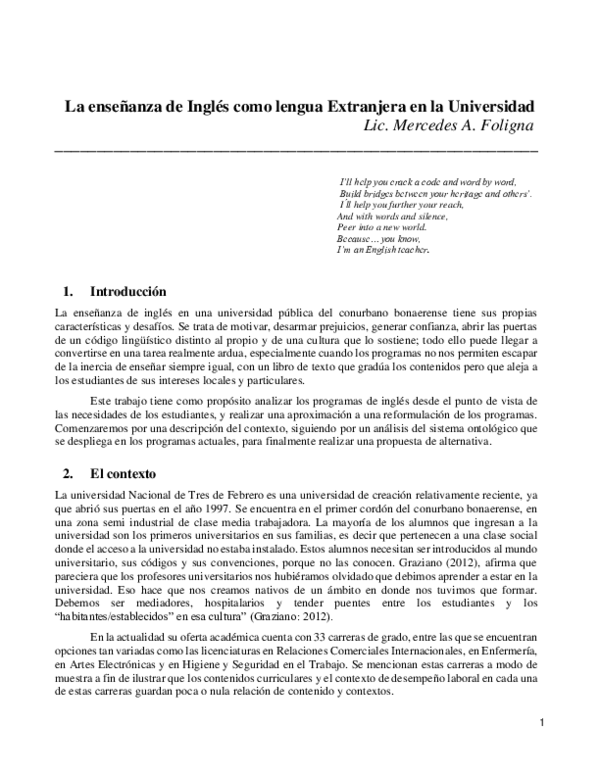 (PDF) La ensenanza de Ingles como lengua extranjera en la Universidad