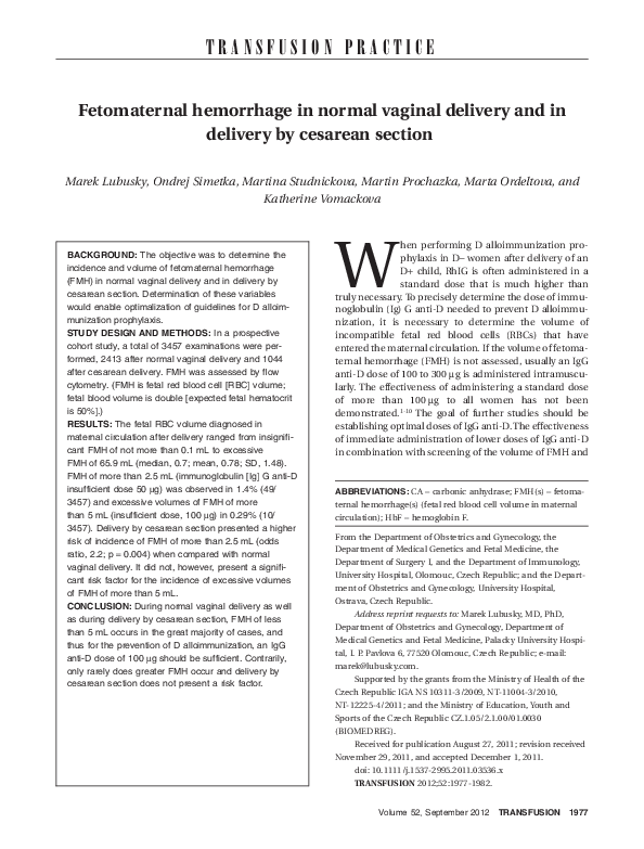 (PDF) Fetomaternal hemorrhage in normal vaginal delivery and in ...