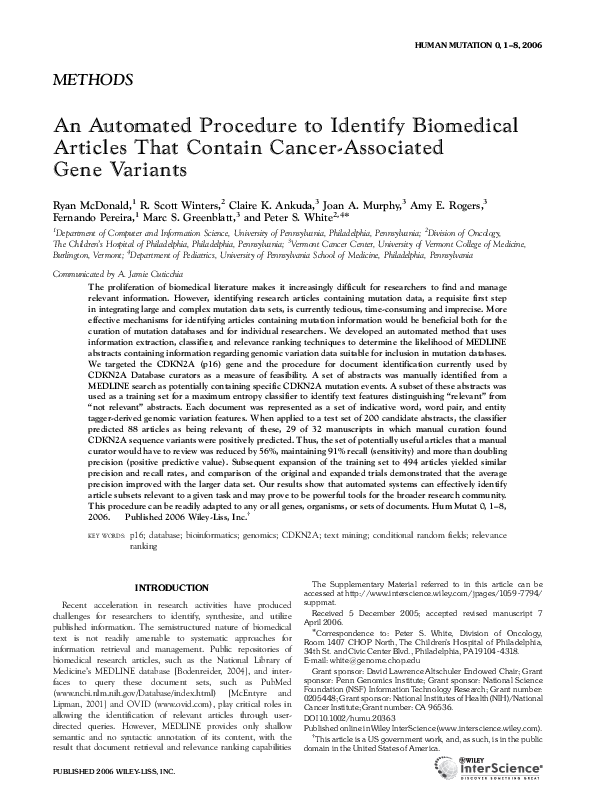 (PDF) An automated procedure to identify biomedical articles that contain cancer-associated gene ...