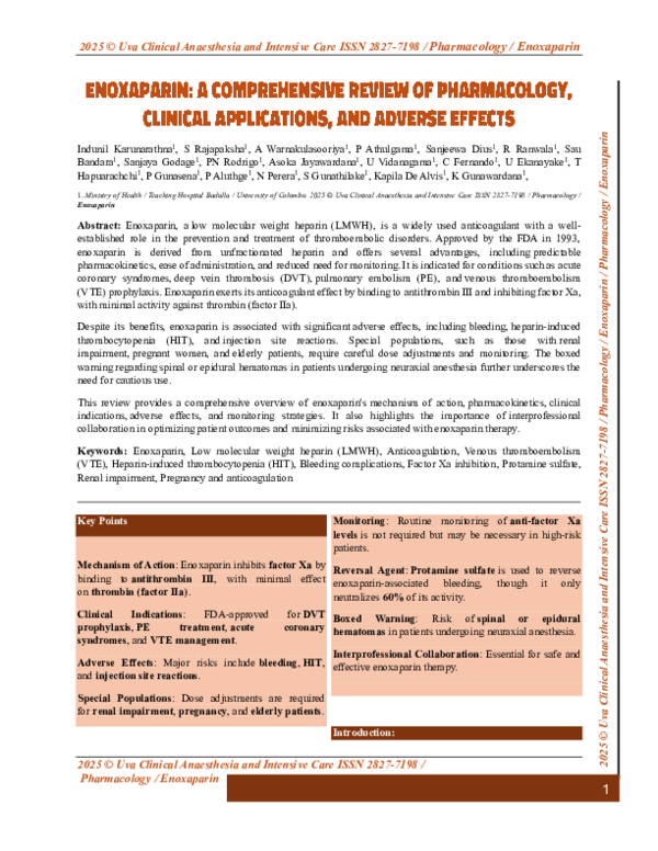 (PDF) Enoxaparin AComprehensive Reviewof Pharmacology Clinical Applicationsand Adverse Effects