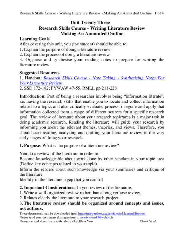 (PDF) Research Skills Course - Writing Literature Review - Making An ...