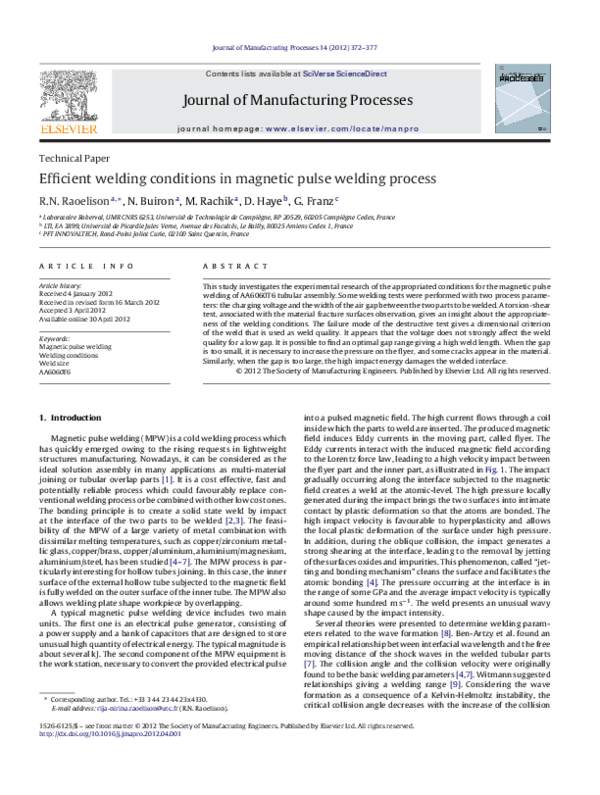 (PDF) Efficient welding conditions in magnetic pulse welding process