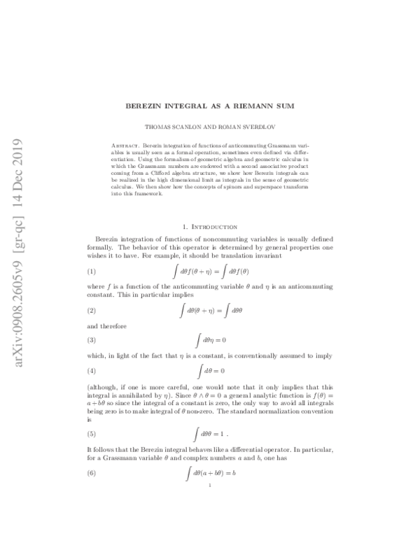 (PDF) A model of Berezin integral that can be reduced to the limit of a Riemann sum