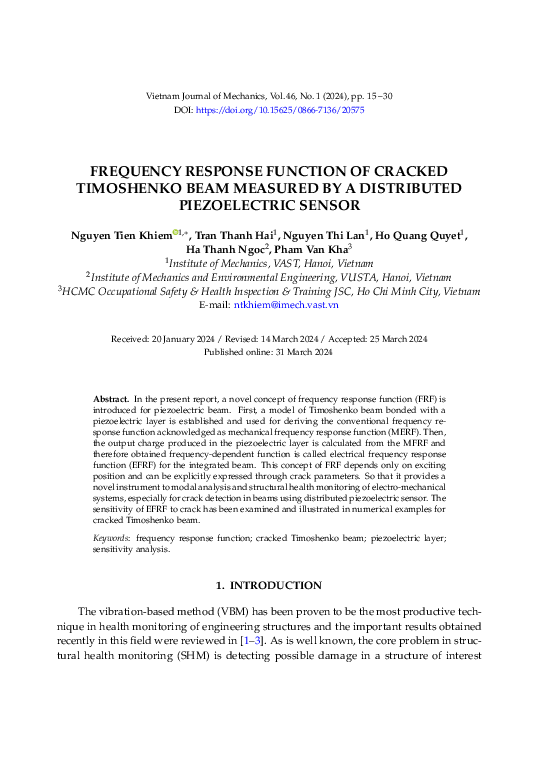 (PDF) FREQUENCY RESPONSE FUNCTION OF CRACKED TIMOSHENKO BEAM MEASURED BY A DISTRIBUTED ...
