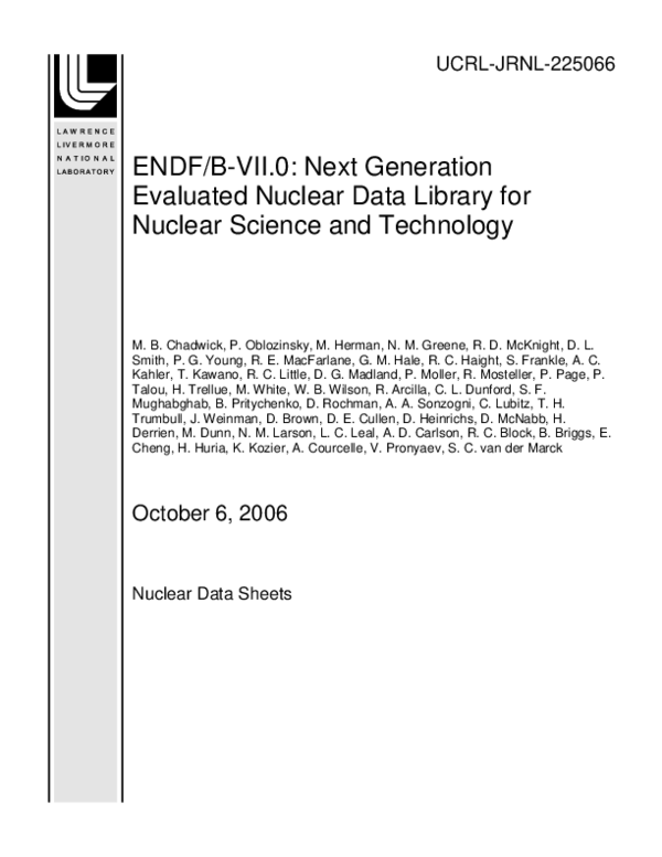 (PDF) ENDF/B-VII.0: Next Generation Evaluated Nuclear Data Library for Nuclear Science and ...