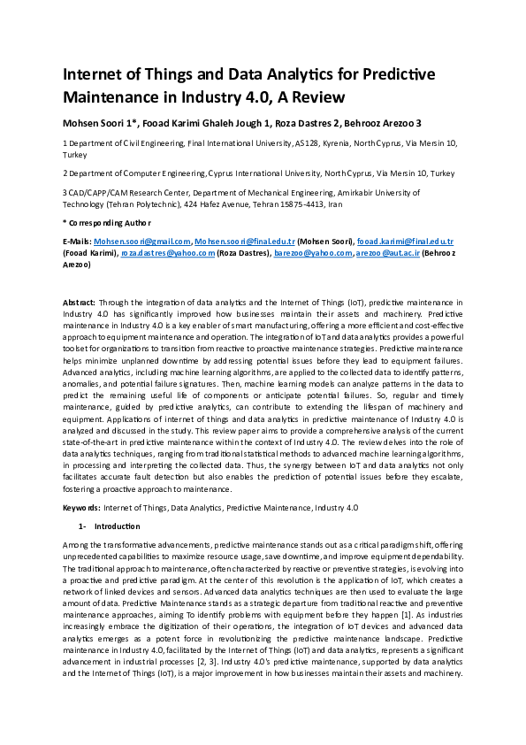 (PDF) Internet of Things and Data Analytics for Predictive Maintenance in Industry 4.0, A Review