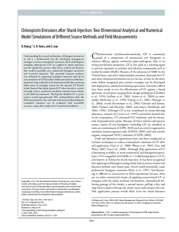 (PDF) Chloropicrin Emissions after Shank Injection: Two-Dimensional Analytical and Numerical ...