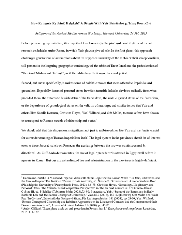 (PDF) How Roman is Rabbinic Halakah? A Debate with Yair Furstenberg