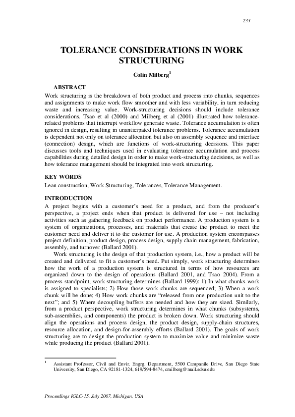 (PDF) Tolerance Considerations in Work Structuring