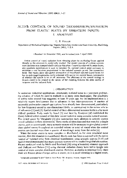 (PDF) Active control of sound transmission/radiation from elastic ...