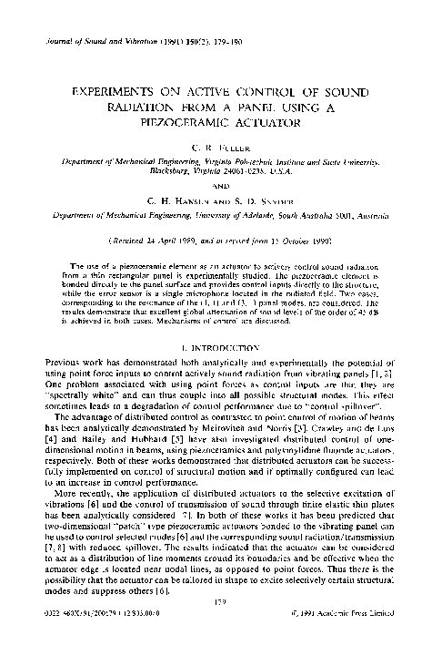 (PDF) Experiments on active control of sound radiation from a panel ...