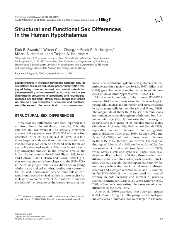 Pdf Structural And Functional Sex Differences In The Human Hypothalamus