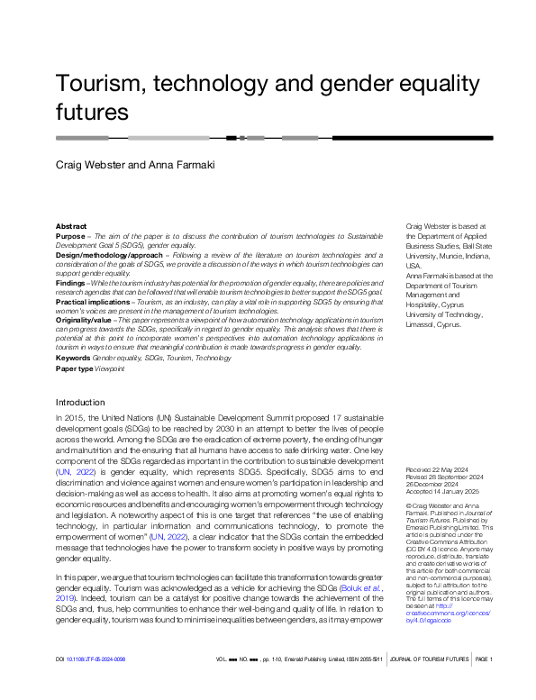 (PDF) Tourism, technology and gender equality futures