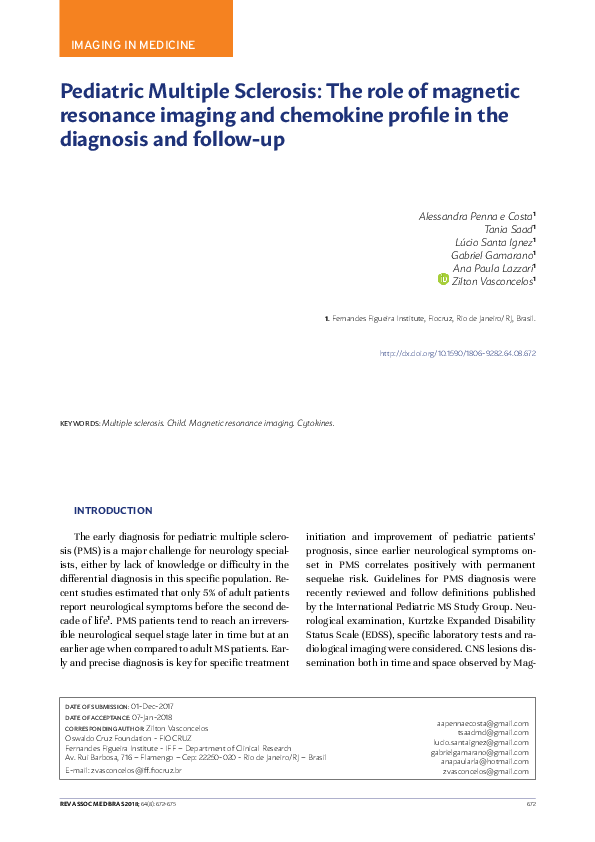(PDF) Pediatric Multiple Sclerosis: The role of magnetic resonance imaging and chemokine profile ...