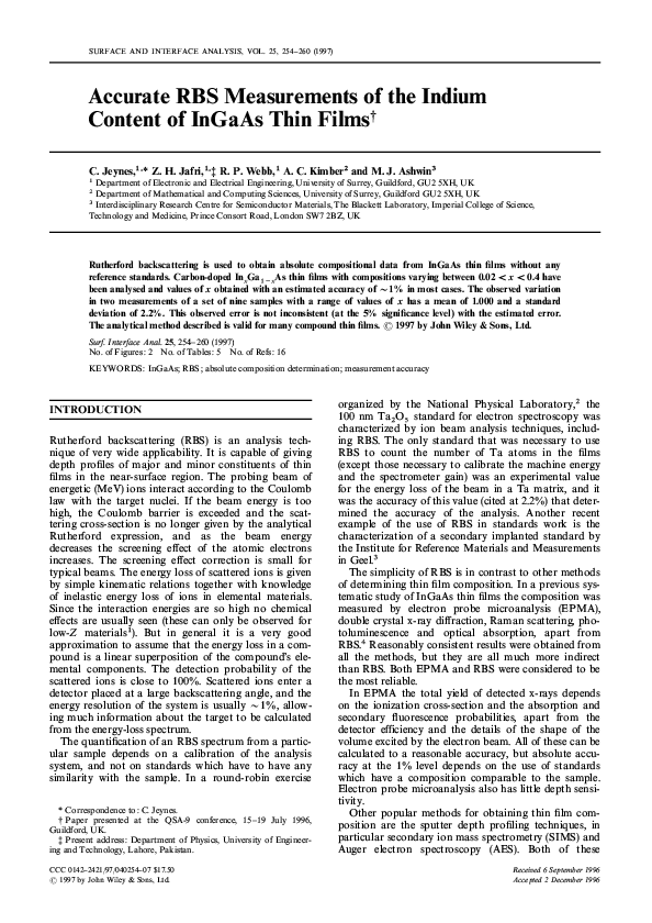 (PDF) Accurate RBS Measurements of the Indium Content of InGaAs Thin Films