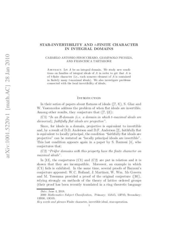 (PDF) STAR-INVERTIBILITY AND t-FINITE CHARACTER IN INTEGRAL DOMAINS