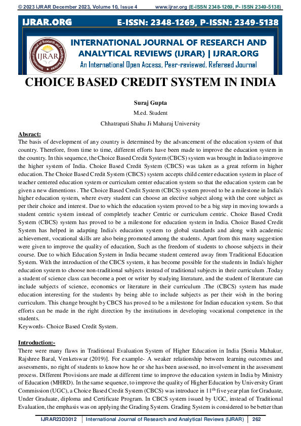 (PDF) CHOICE BASED CREDIT SYSTEM IN INDIA