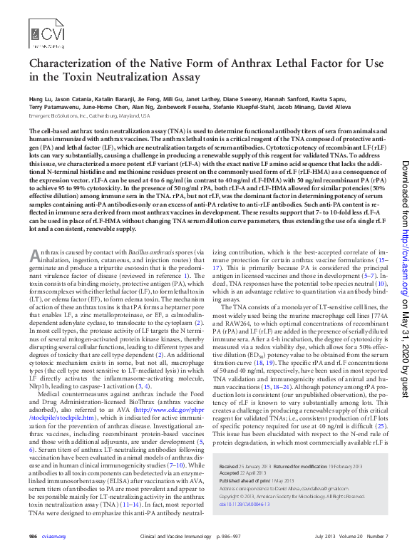(PDF) Characterization of the Native Form of Anthrax Lethal Factor for ...