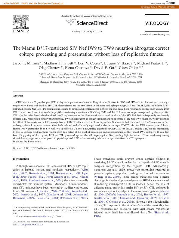 The Mamu B⁎17-restricted SIV Nef IW9 to TW9 mutation abrogates correct ...