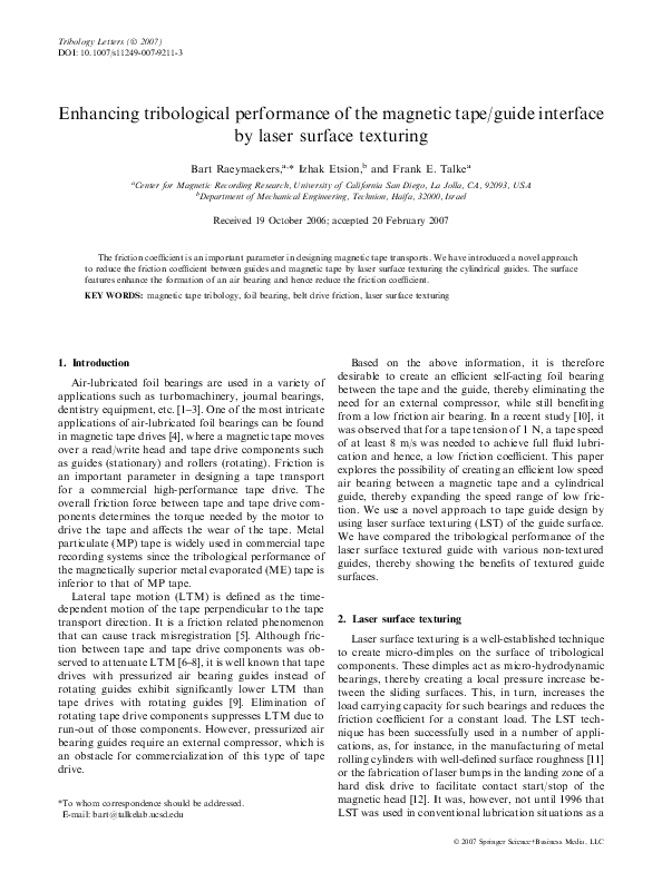 (PDF) Enhancing tribological performance of the magnetic tape/guide interface by laser surface ...
