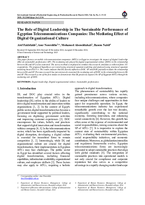 (PDF) The Role of Digital Leadership in The Sustainable Performance of Egyptian ...