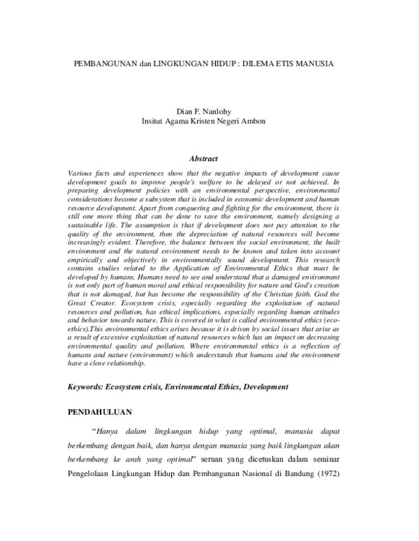 (PDF) Pembangunan Dan Lingkungan Hidup : Dilema Etis Manusia