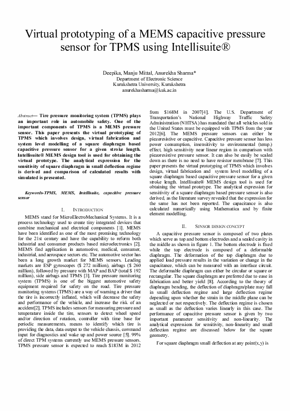 (PDF) Virtual prototyping of a MEMS capacitive pressure sensor for TPMS ...