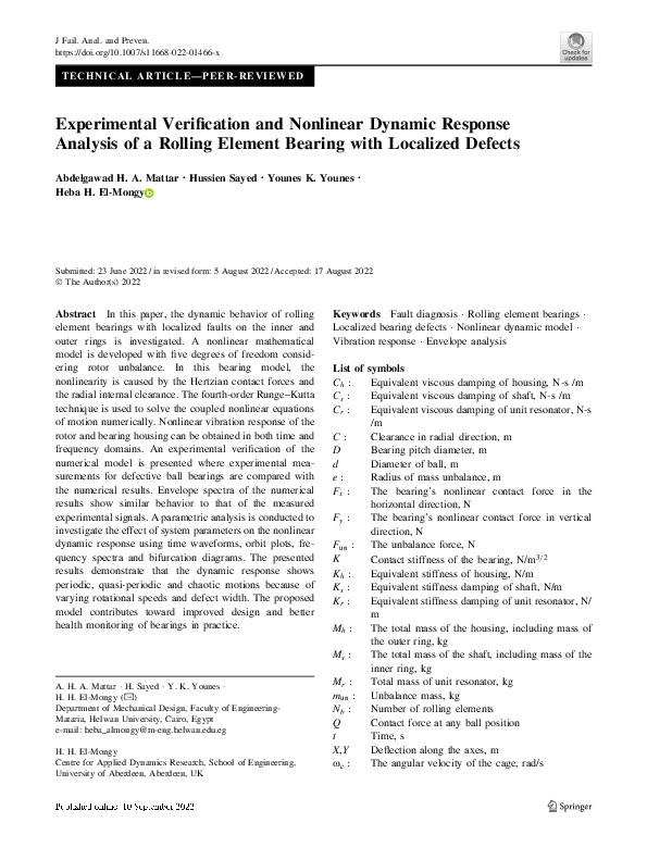 (PDF) Experimental Verification and Nonlinear Dynamic Response Analysis of a Rolling Element ...