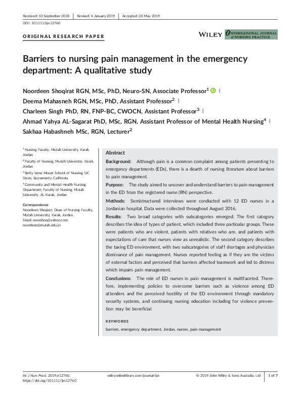 (PDF) Barriers to nursing pain management in the emergency department ...