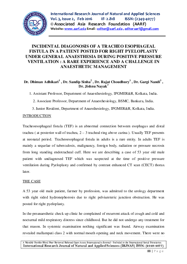 Incidental Diagonosis of a Tracheo Esophageal Fistula in a Patient ...