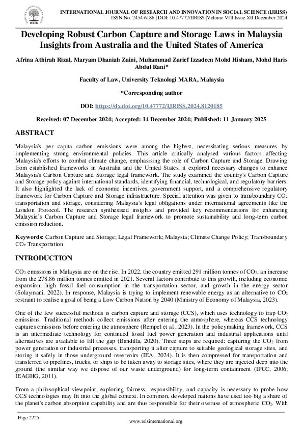 (PDF) Developing Robust Carbon Capture and Storage Laws in Malaysia Insights from Australia and ...
