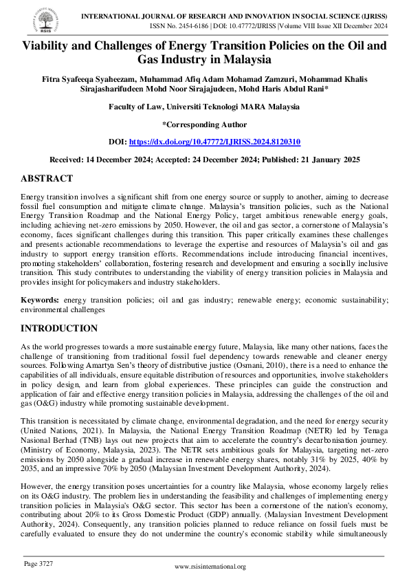 (PDF) Viability and Challenges of Energy Transition Policies on the Oil and Gas Industry in Malaysia