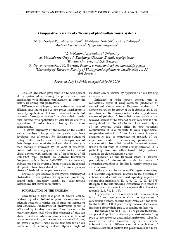 (PDF) Comparative research of efficiency of photovoltaic power systems