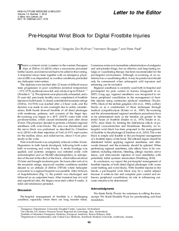 (PDF) Pre-Hospital Wrist Block for Digital Frostbite Injuries