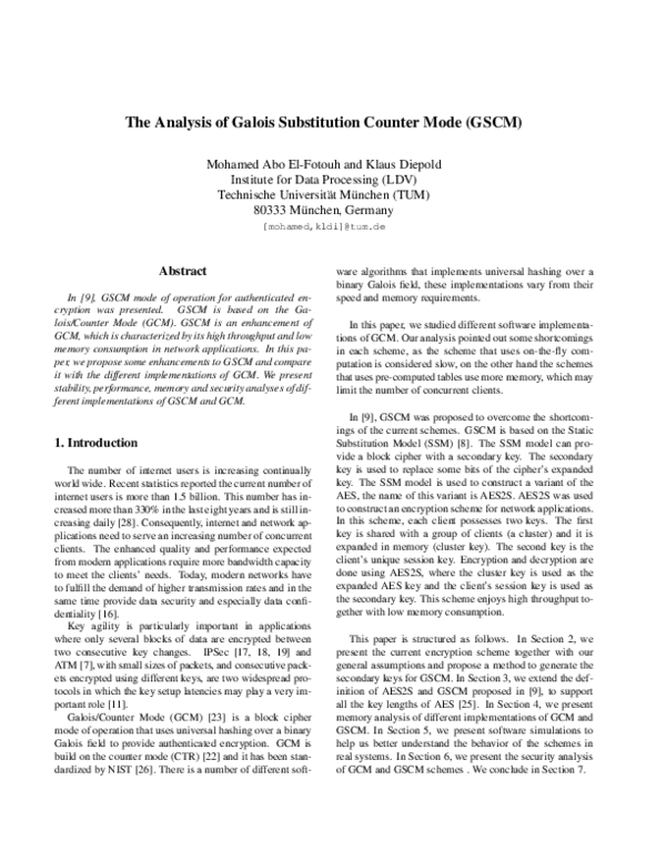 (PDF) The Analysis of Galois Substitution Counter Mode (GSCM)