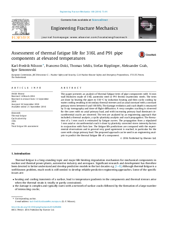 (PDF) Assessment of thermal fatigue life for 316L and P91 pipe ...