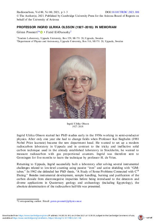 (PDF) Professor Ingrid Ulrika Olsson (1927–2018): In Memoriam
