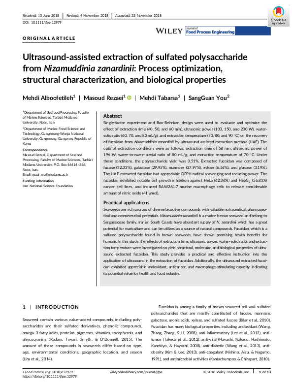 (PDF) Ultrasound‐assisted extraction of sulfated polysaccharide from Nizamuddinia zanardinii ...