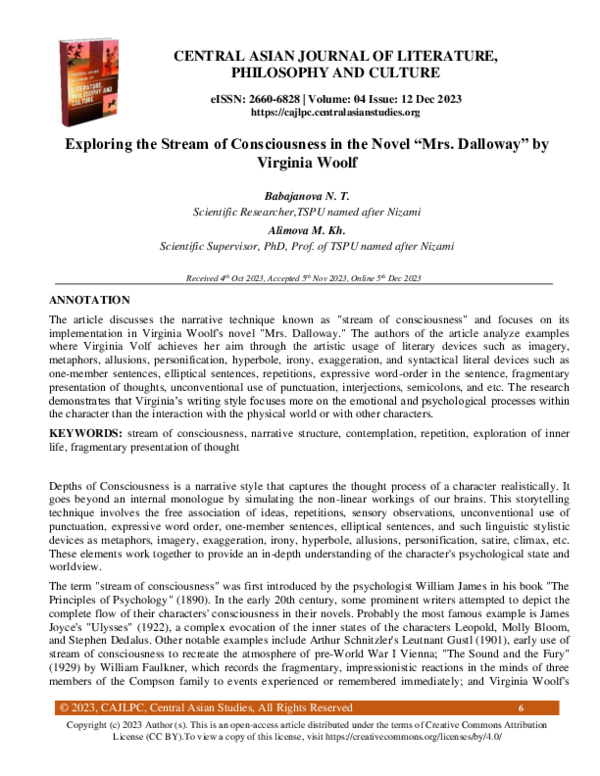 (PDF) Exploring the Stream of Consciousness in the Novel "Mrs. Dalloway ...