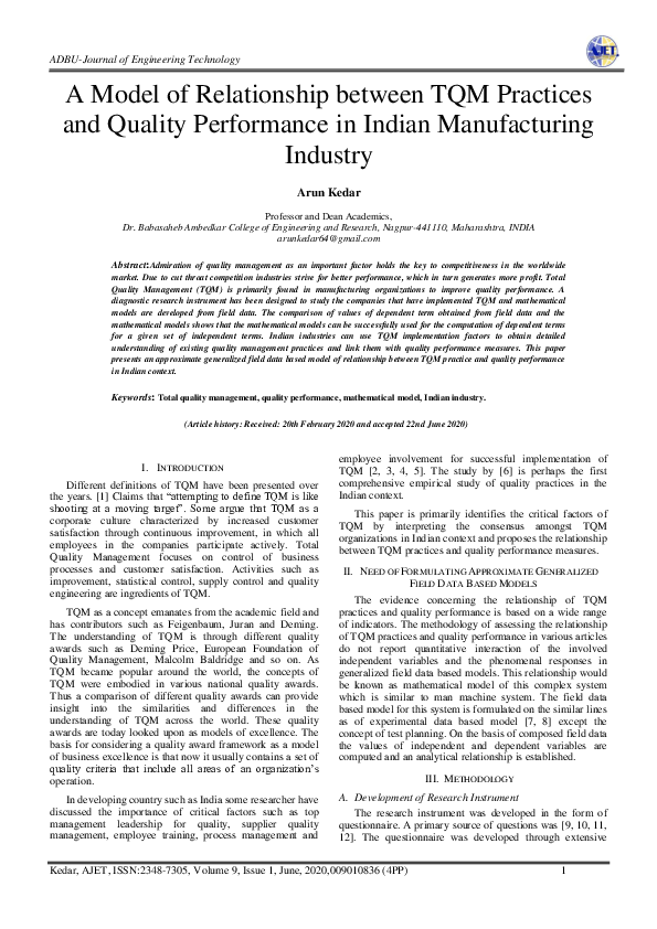 (PDF) A Model of Relationship between TQM Practices and Quality ...