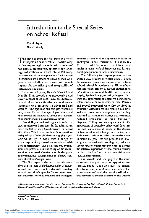 (PDF) Introduction to the Special Series on School Refusal