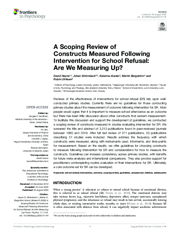 (PDF) A Scoping Review of Constructs Measured Following Intervention for School Refusal: Are We ...