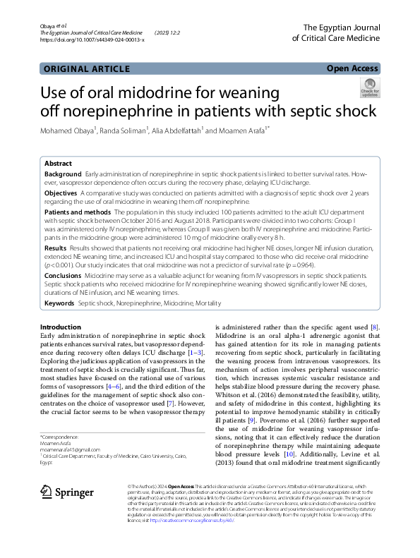 (PDF) Use of oral midodrine for weaning off norepinephrine in patients with septic shock