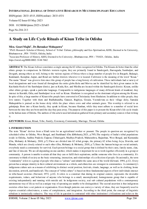 (PDF) A Study on Life Cycle Rituals of Kisan Tribe in Odisha