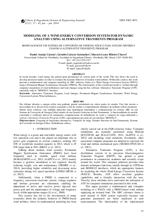 Pdf Modeling Of A Wind Energy Conversion System For Dynamic Analysis Using Alternative